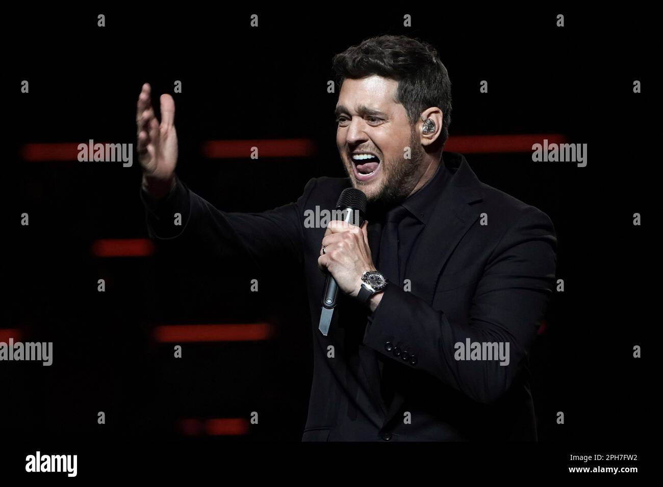 Michael Buble performs on stage at the O2 Arena in London, Sunday, Mar ...