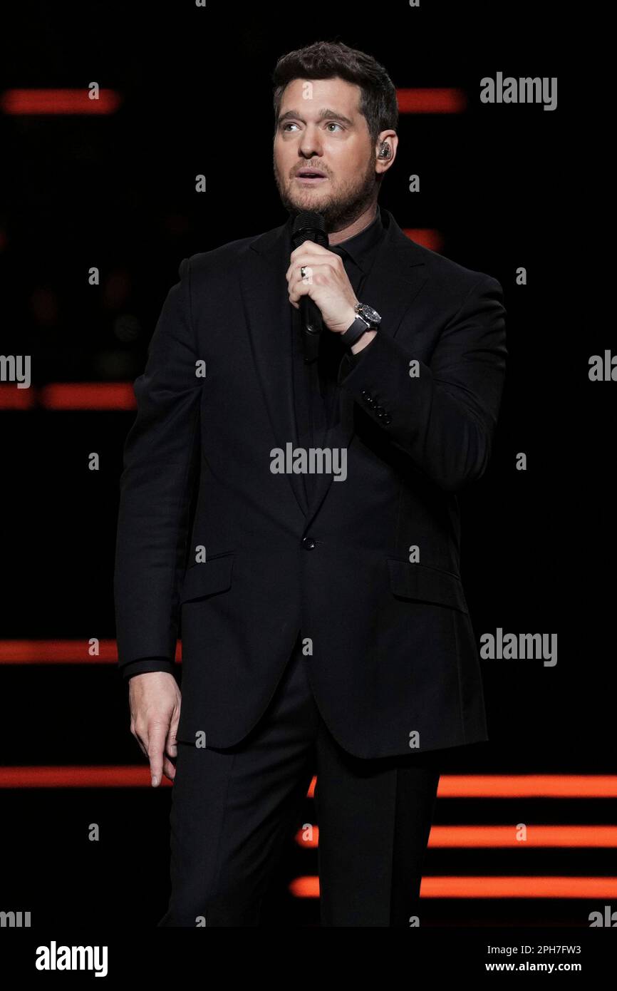Michael Buble performs on stage at the O2 Arena in London, Sunday, Mar ...