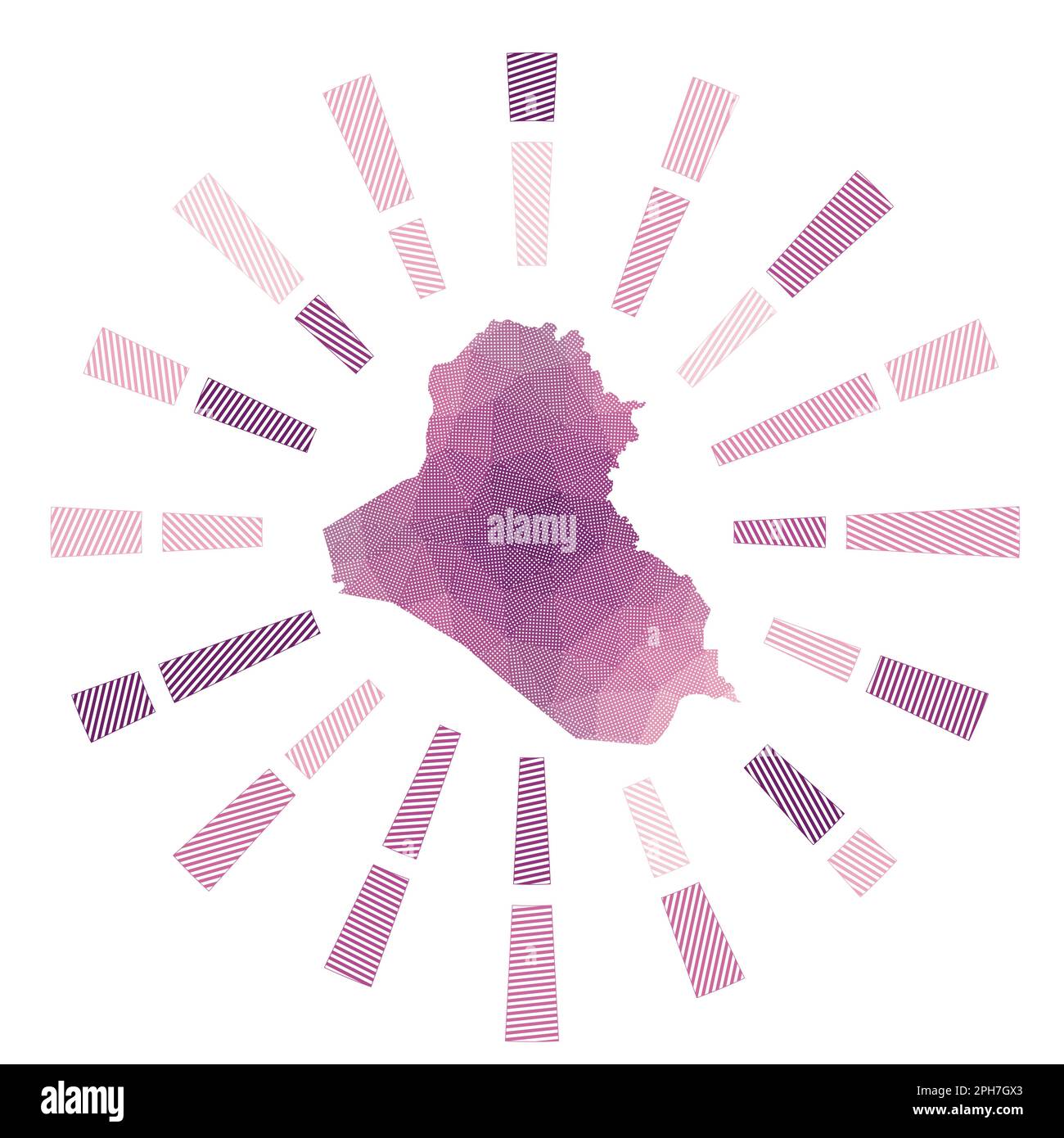 Republic of Iraq sunburst. Low poly striped rays and map of the country ...