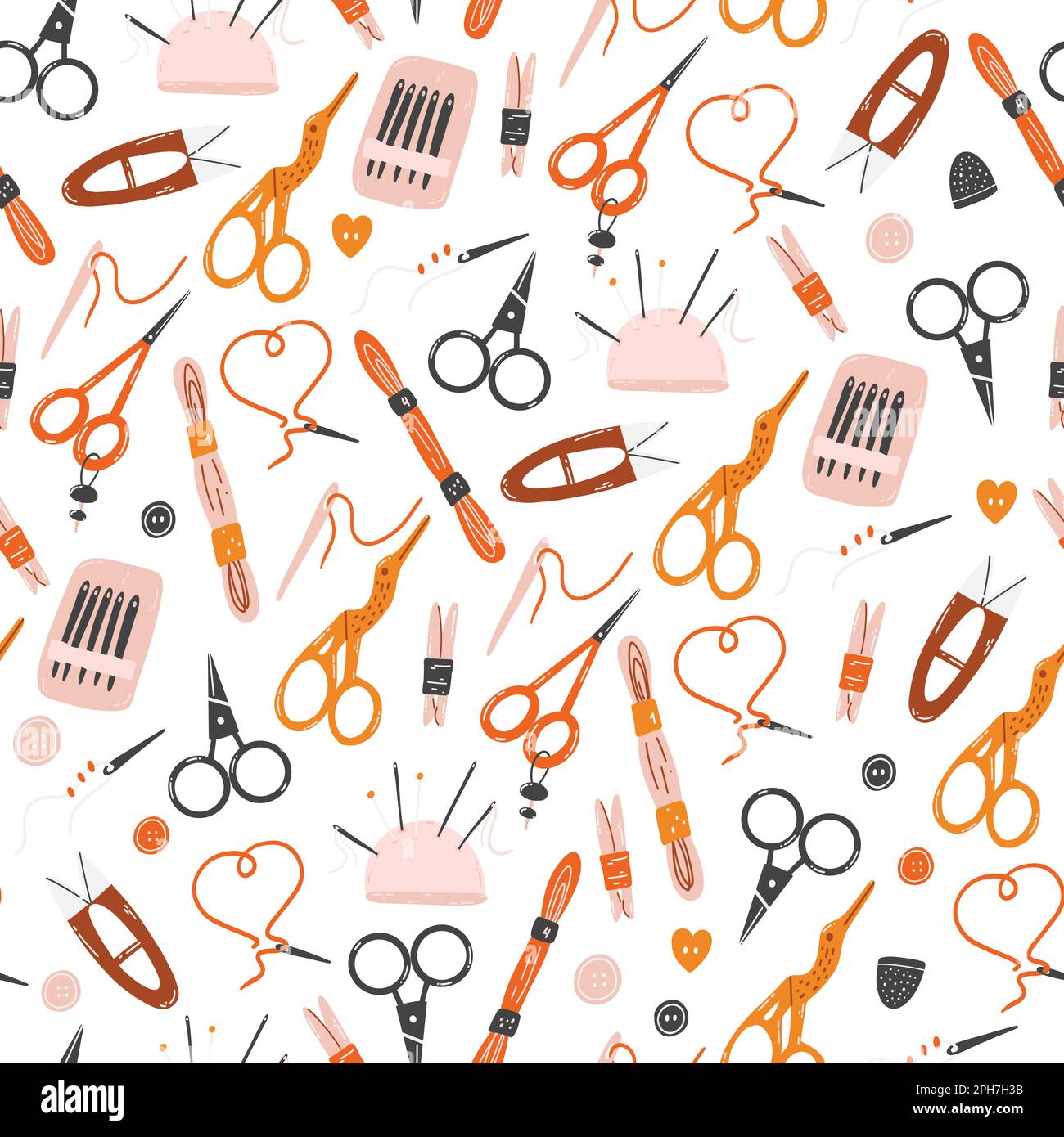 Seamless pattern with tools for embroidery, sewing, needlework. Hand drawn flat vector ...
