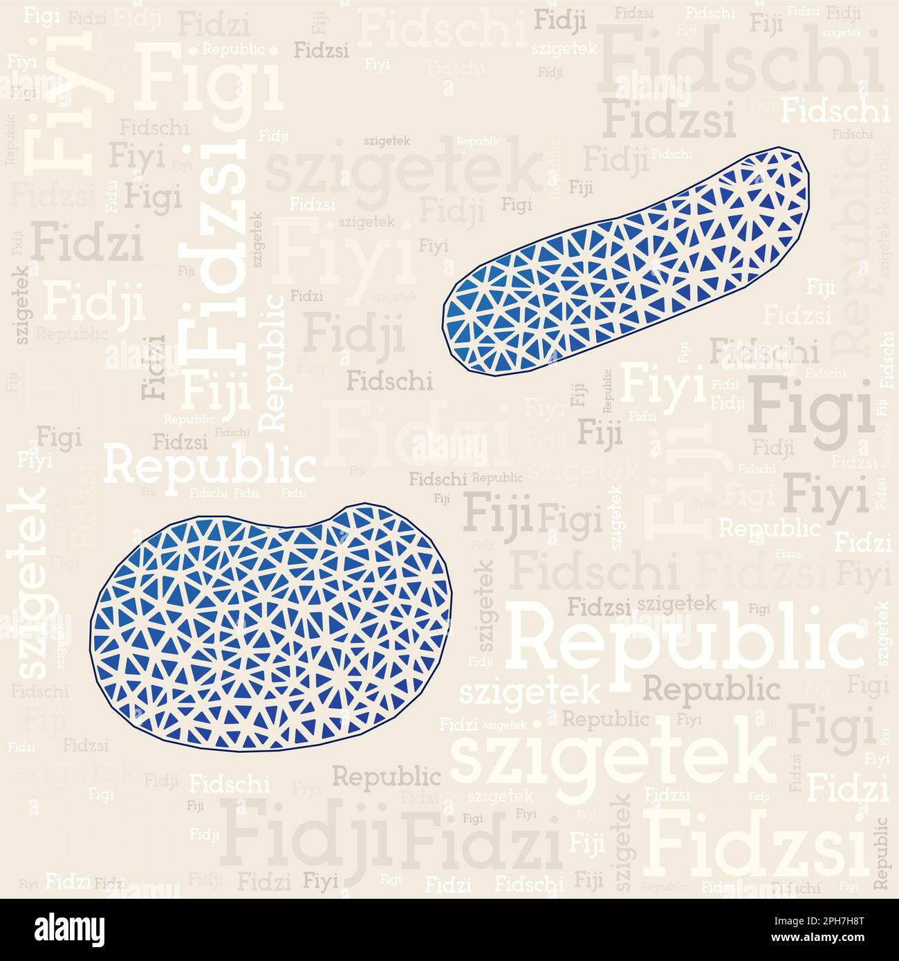 Fiji map design. Country names in different languages and map shape ...
