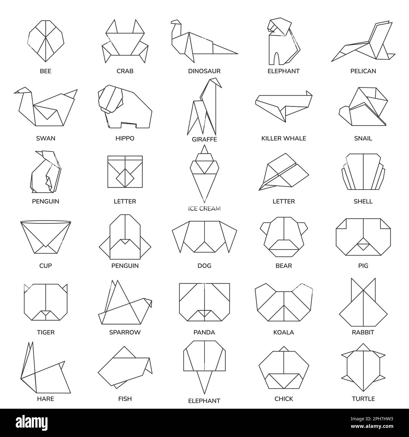 Set of origami animals, insects, birds and objects in flat style Stock ...