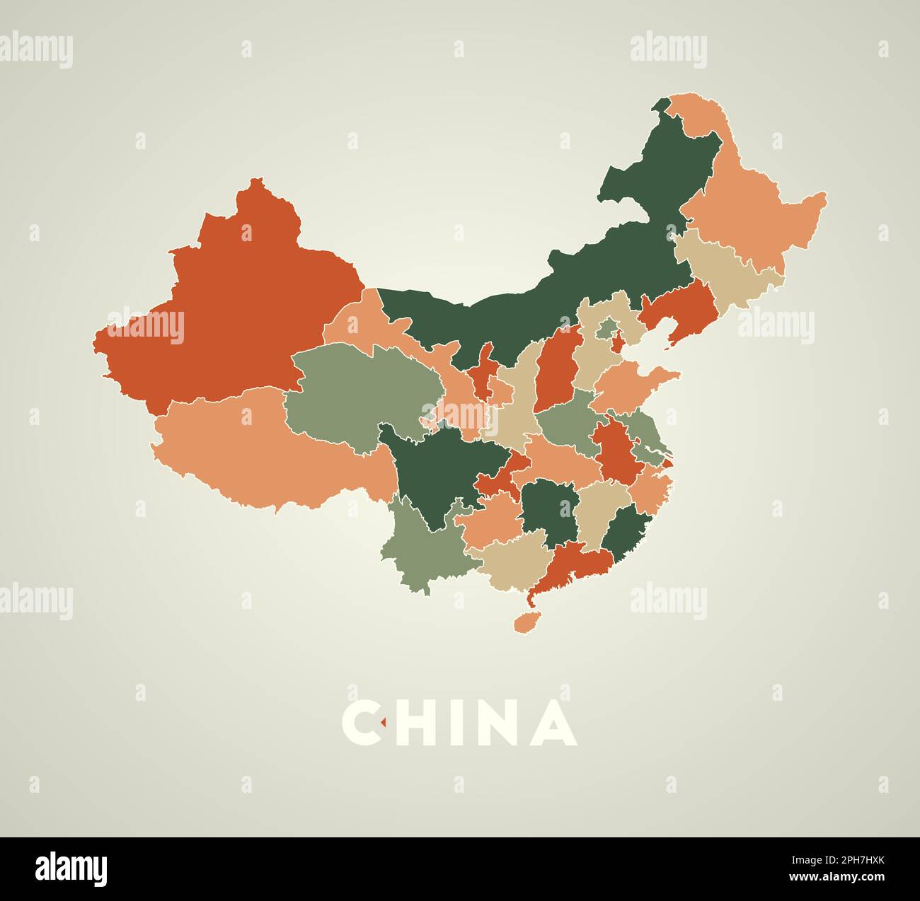China poster in retro style. Map of the country with regions in autumn ...