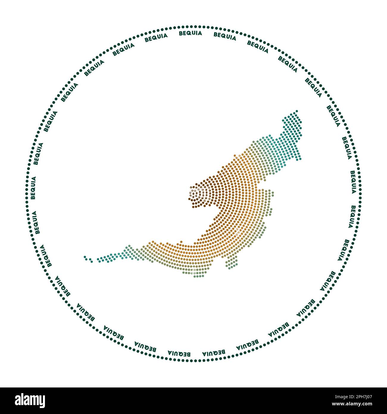 Bequia round logo. Digital style shape of Bequia in dotted circle with ...