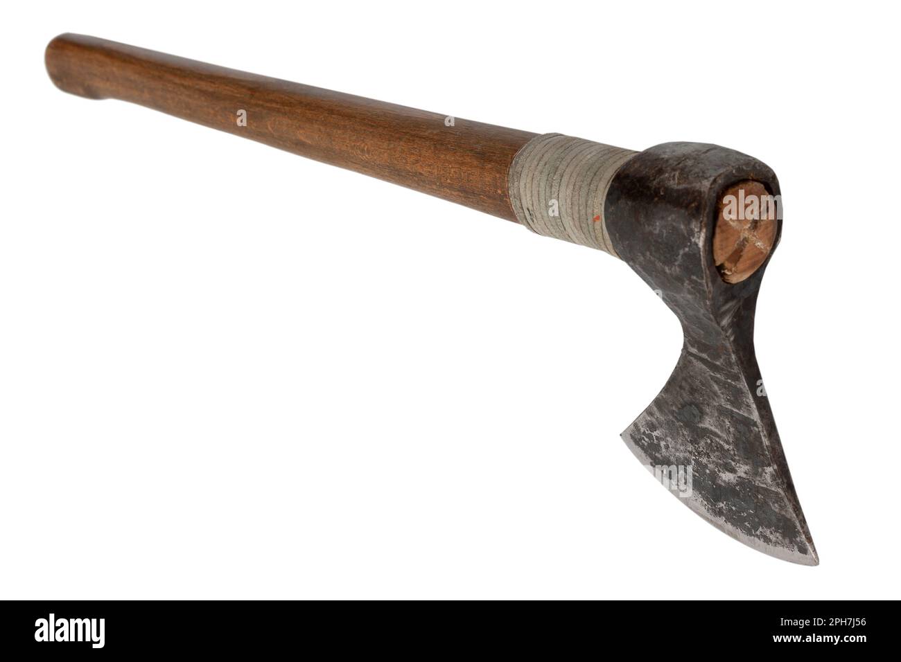 antique battle axe with wooden handle on white background Stock Photo ...