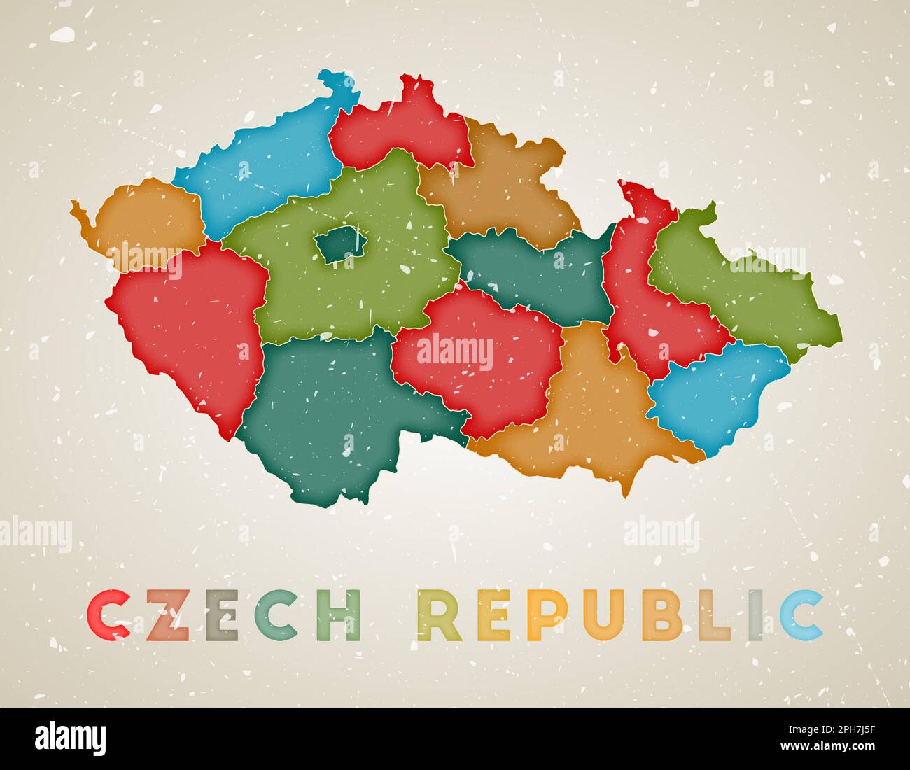 Czech Republic map. Country poster with colored regions. Old grunge ...