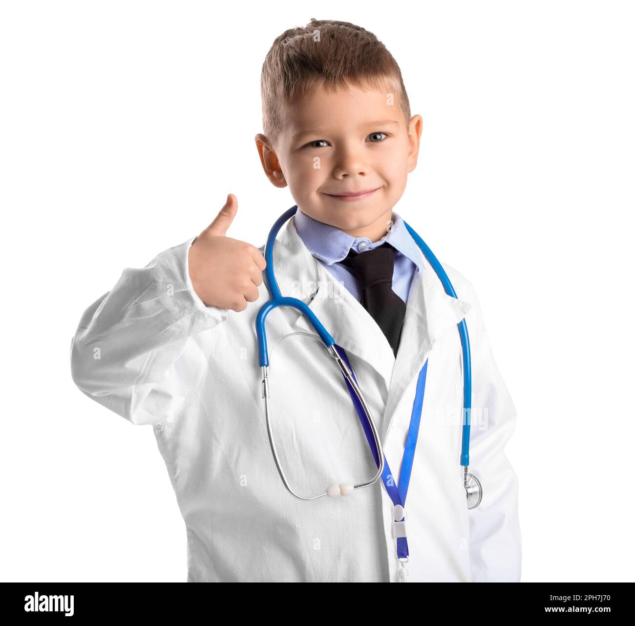 Cute little doctor showing thumb-up on white background Stock Photo - Alamy