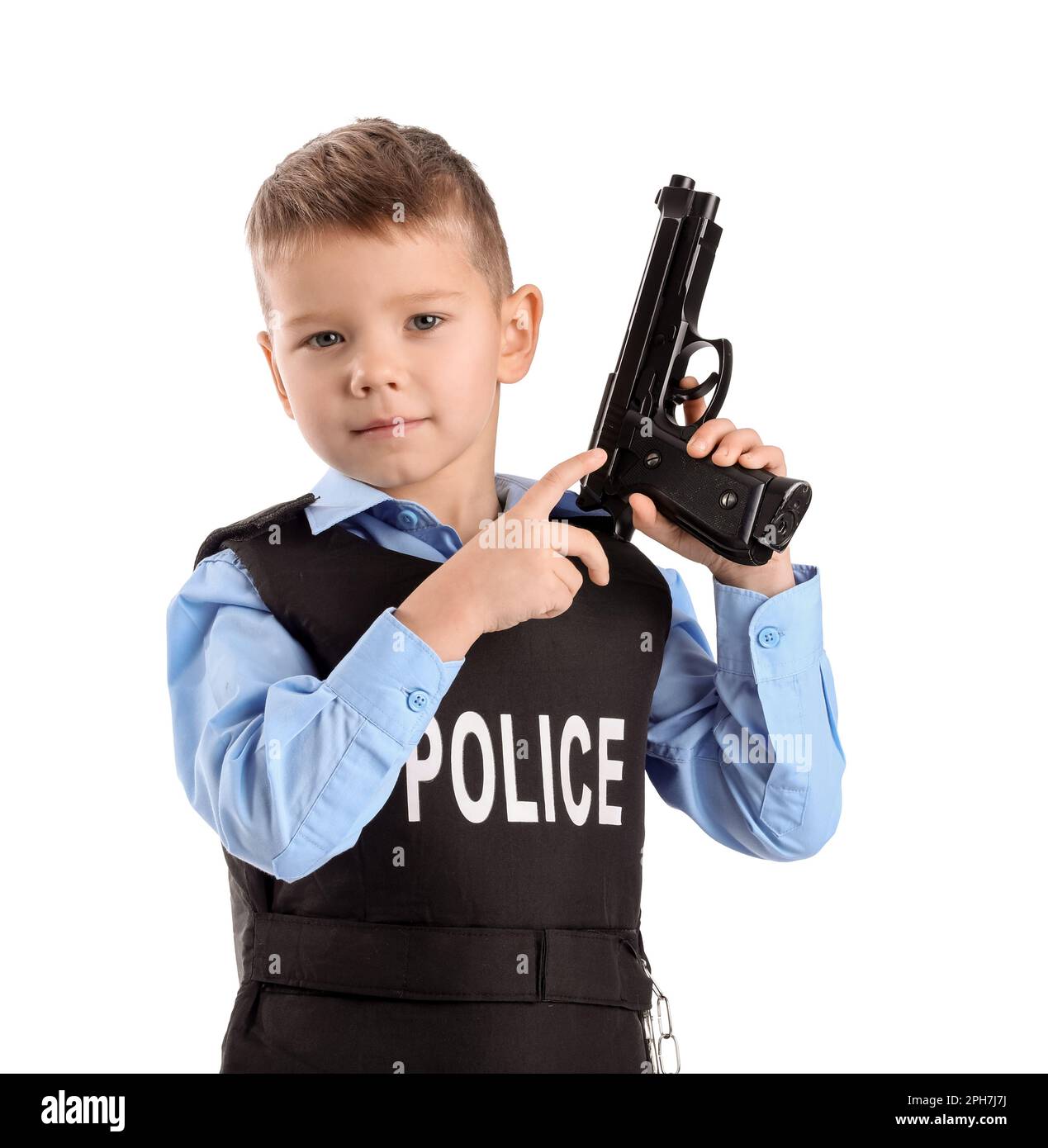 Funny little police officer with gun on white background Stock Photo ...