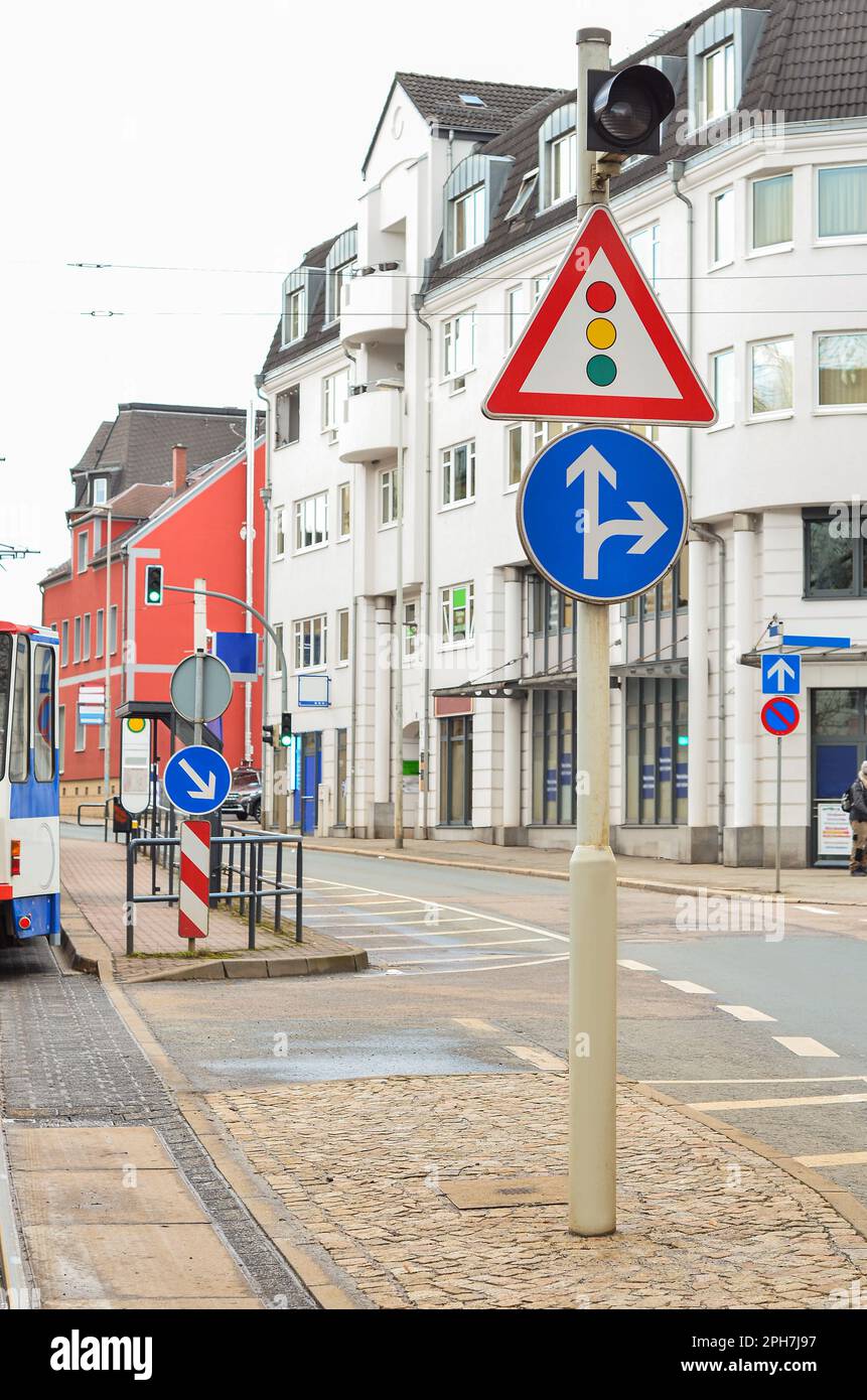 View of city street with road signs Stock Photo - Alamy