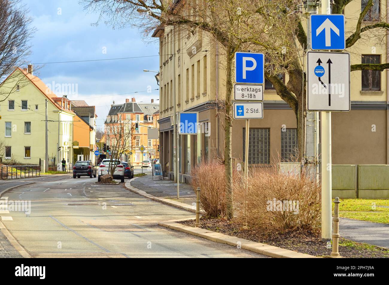 View of city street with road signs Stock Photo - Alamy