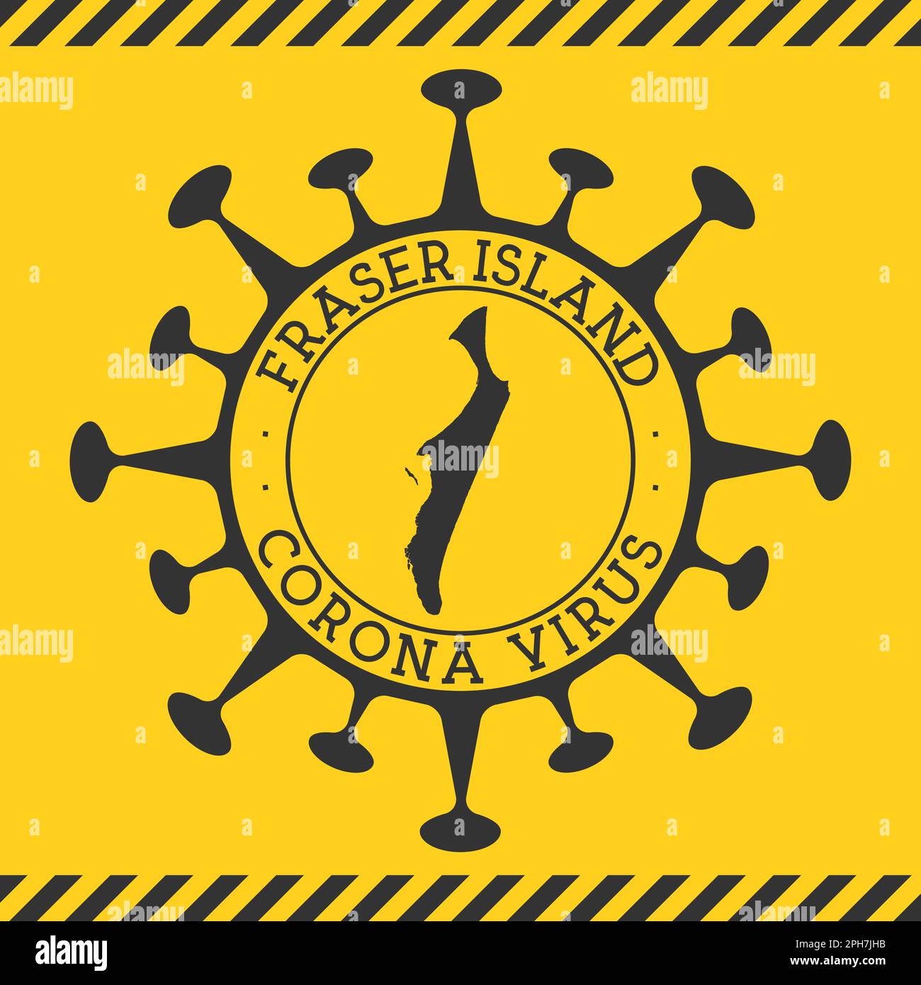 Corona virus in Fraser Island sign. Round badge with shape of virus and ...