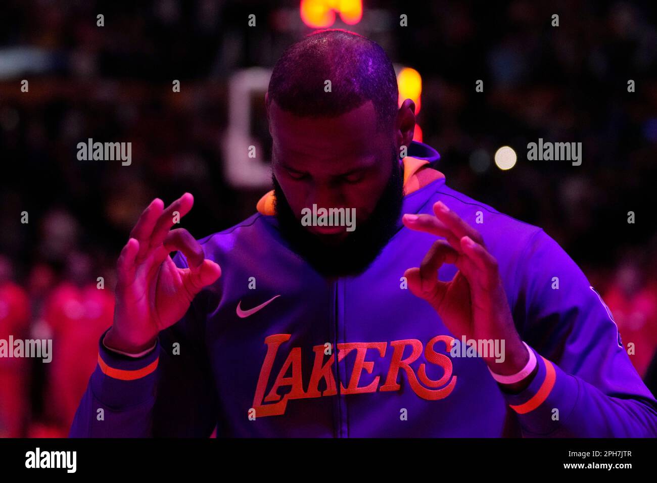 Los Angeles Lakers forward LeBron James gestures during the national ...
