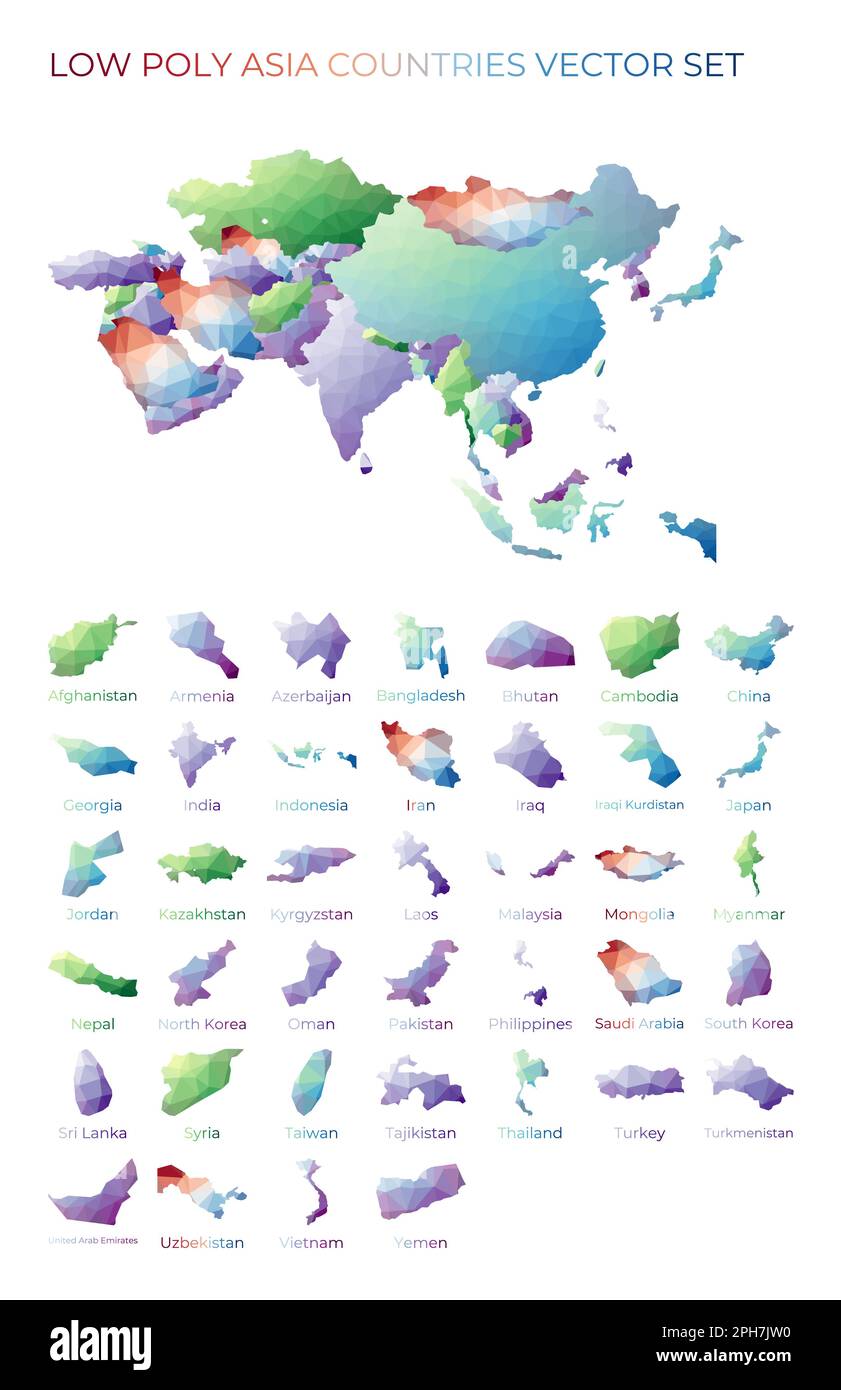 Asian low poly regions. Polygonal map of Asia with regions. Geometric ...