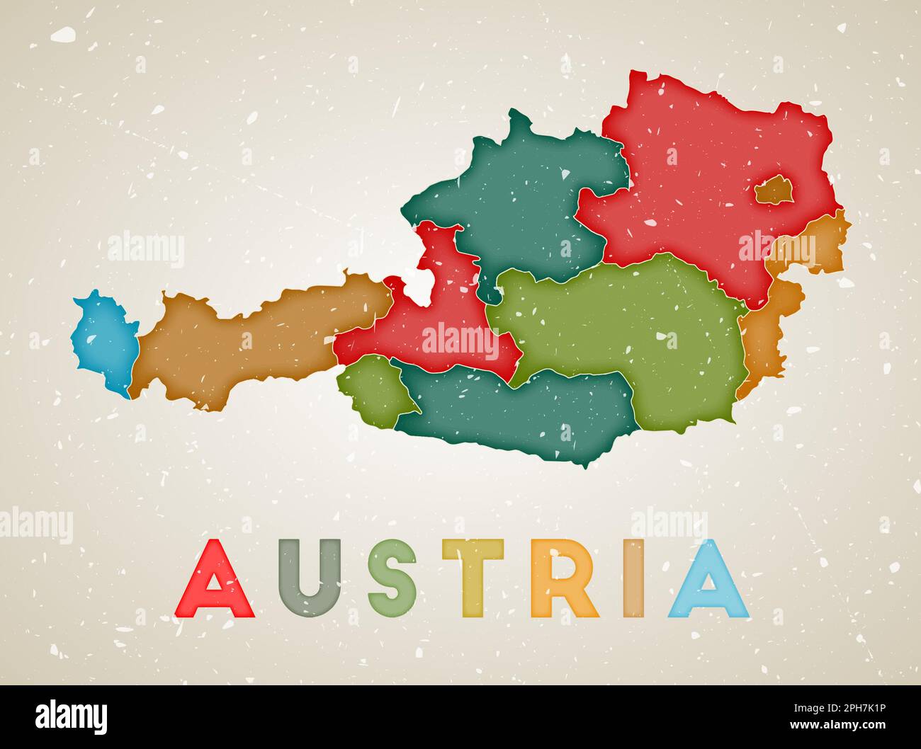Austria map. Country poster with colored regions. Old grunge texture ...