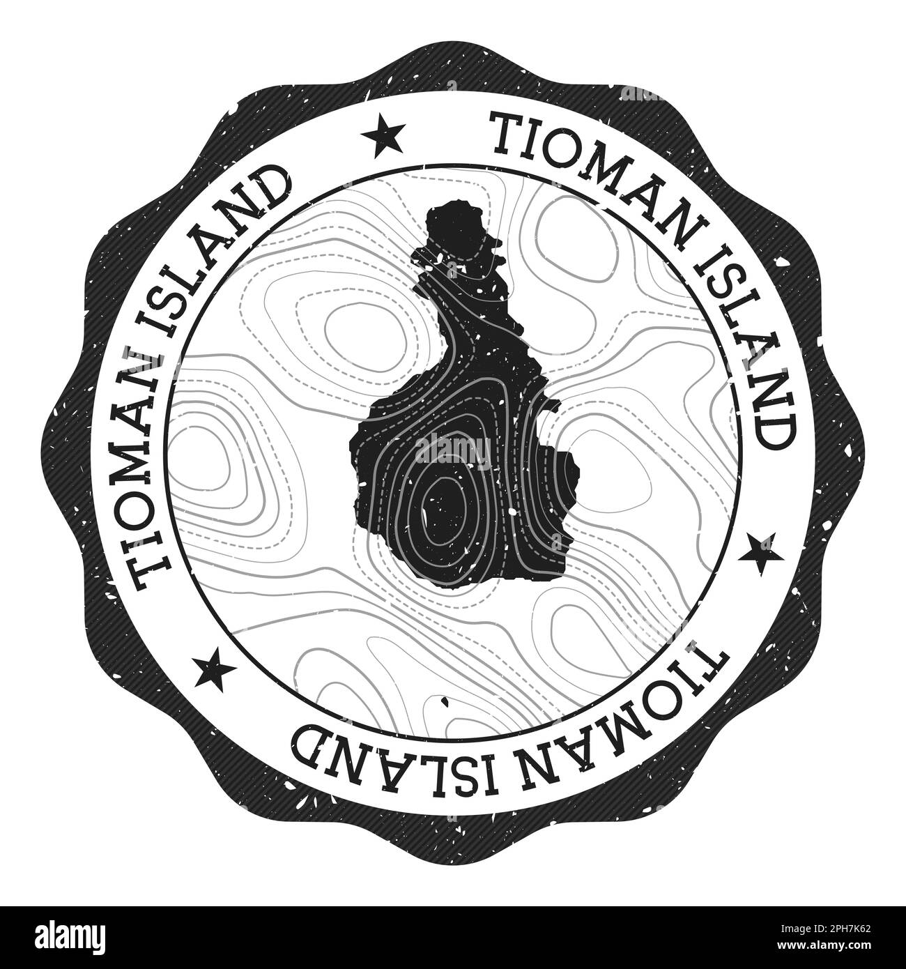 Tioman Island outdoor stamp. Round sticker with map with topographic ...