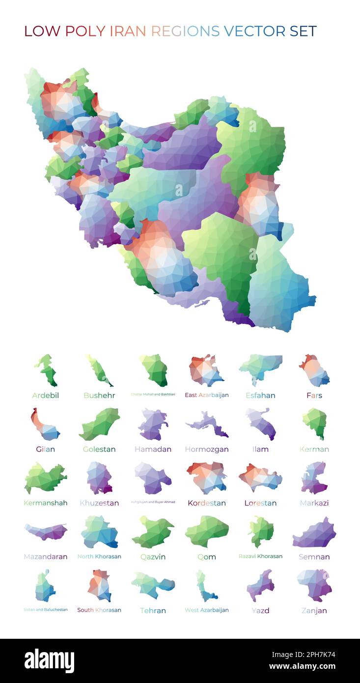 Iranian low poly regions. Polygonal map of Iran with regions. Geometric maps for your design ...