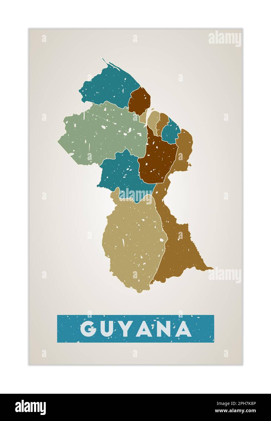 Guyana map. Country poster with regions. Old grunge texture. Shape of Guyana with country name ...