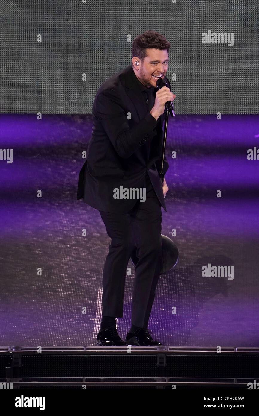 Michael Buble performs on stage at the O2 Arena in London, Sunday, Mar ...