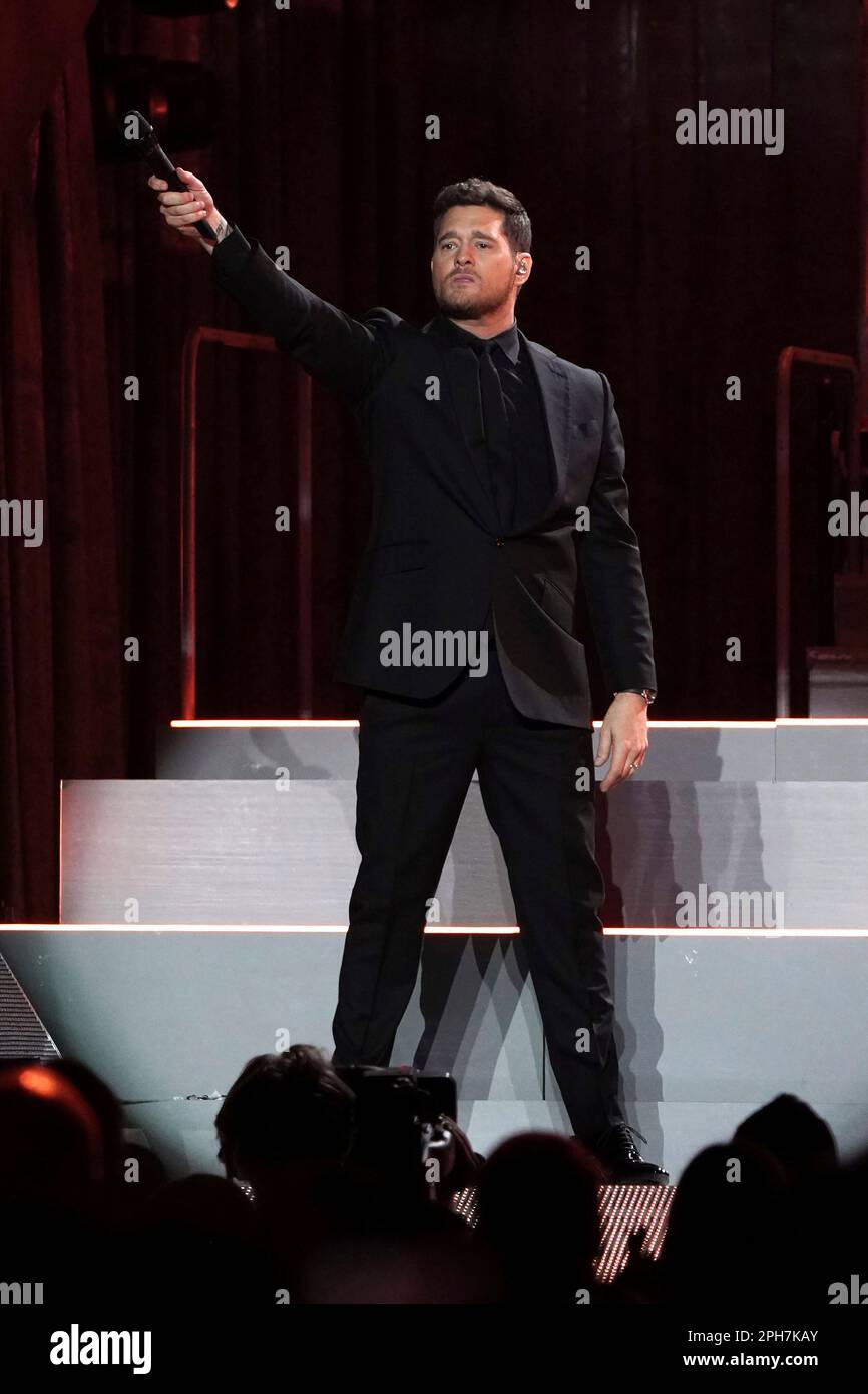 Michael Buble performs on stage at the O2 Arena in London, Sunday, Mar ...
