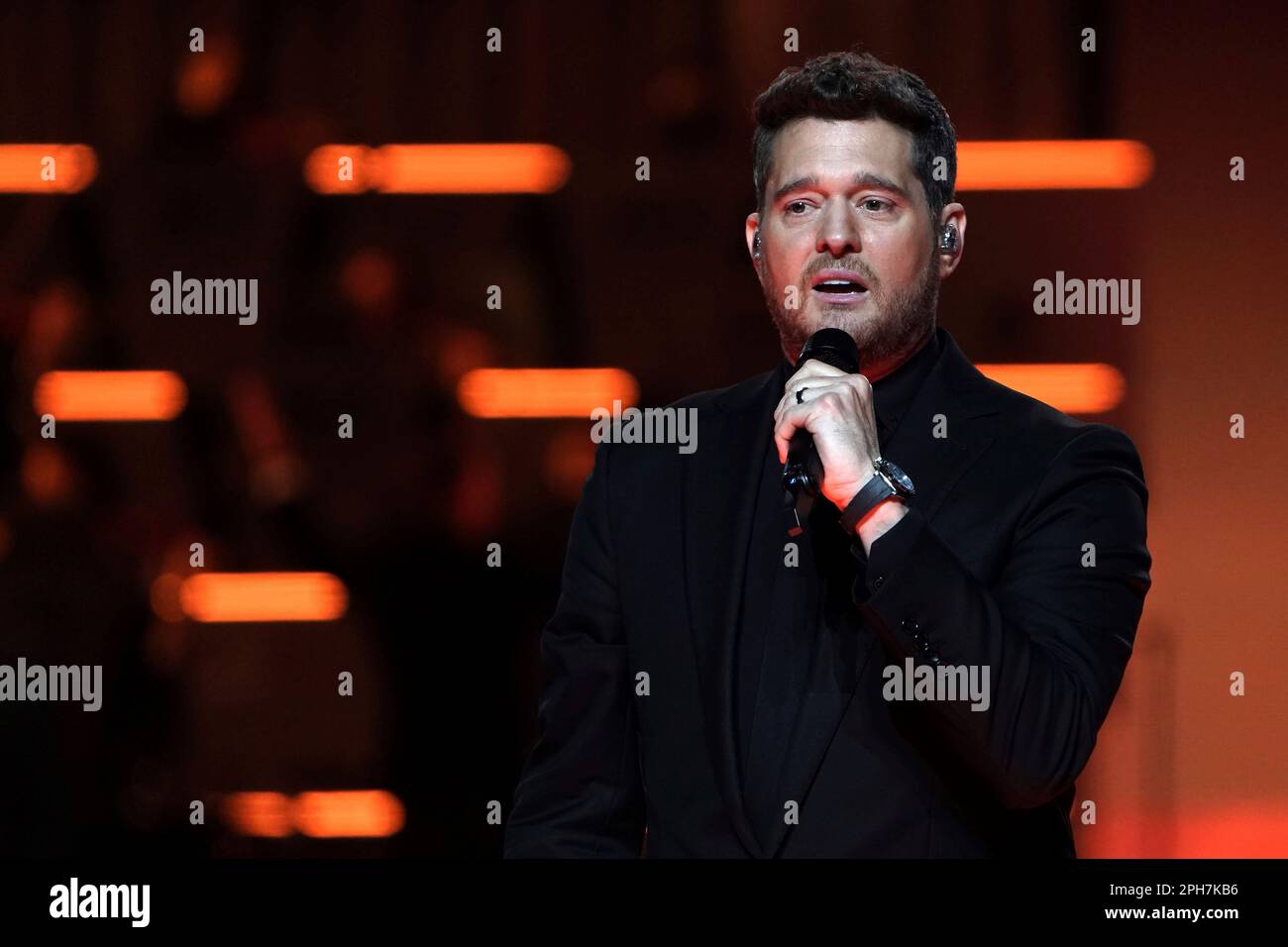 Michael Buble performs on stage at the O2 Arena in London, Sunday, Mar ...