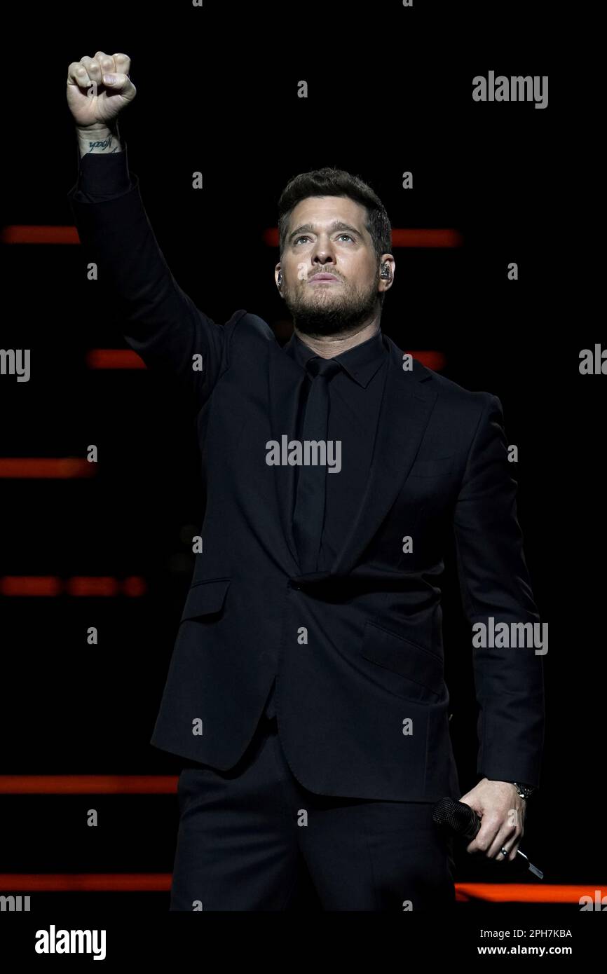 Michael Buble performs on stage at the O2 Arena in London, Sunday, Mar ...