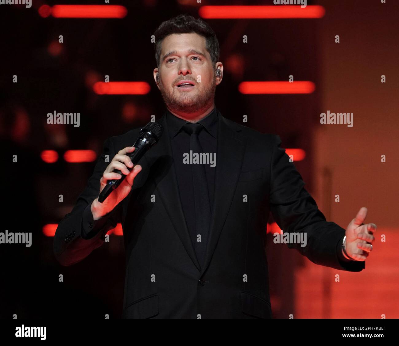 Michael Buble performs on stage at the O2 Arena in London, Sunday, Mar ...