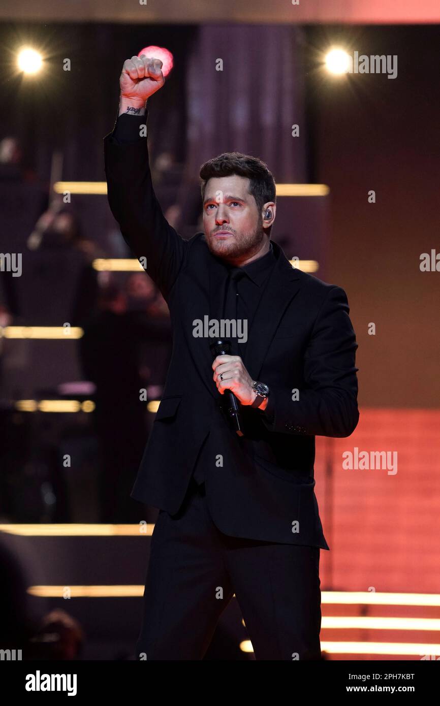 Michael Buble performs on stage at the O2 Arena in London, Sunday, Mar ...