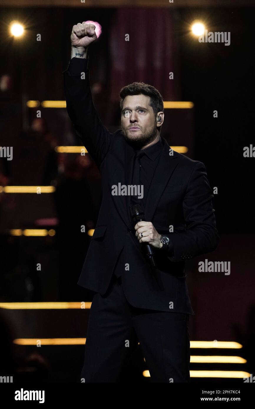 Michael Buble performs on stage at the O2 Arena in London, Sunday, Mar ...