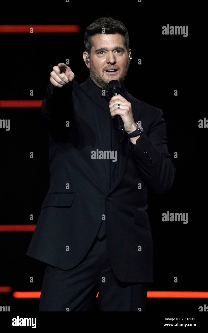 Michael Buble performs on stage at the O2 Arena in London, Sunday, Mar ...