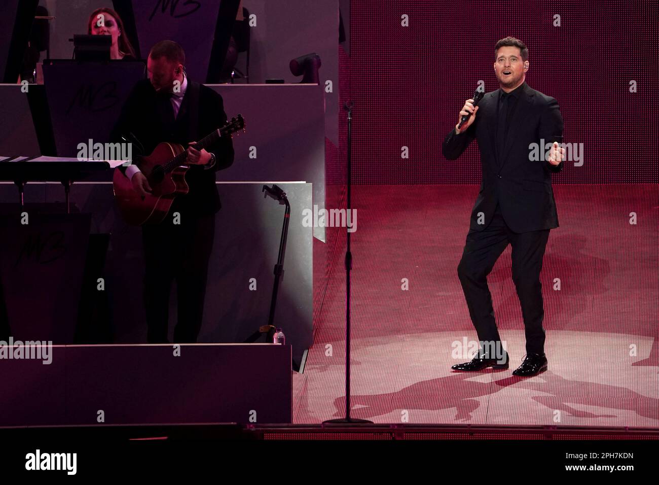Michael Buble performs on stage at the O2 Arena in London, Sunday, Mar ...
