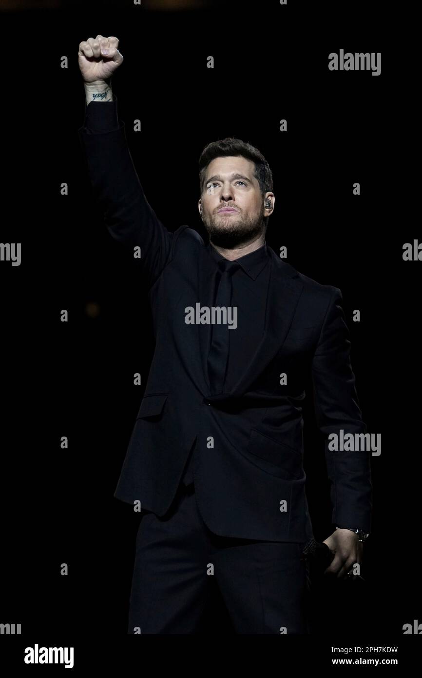 Michael Buble performs on stage at the O2 Arena in London, Sunday, Mar ...