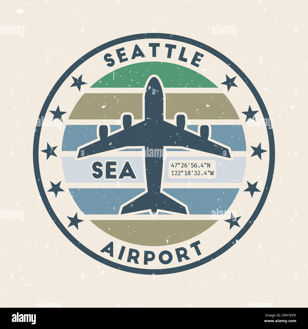 Seattle airport insignia. Round badge with vintage stripes, airplane ...