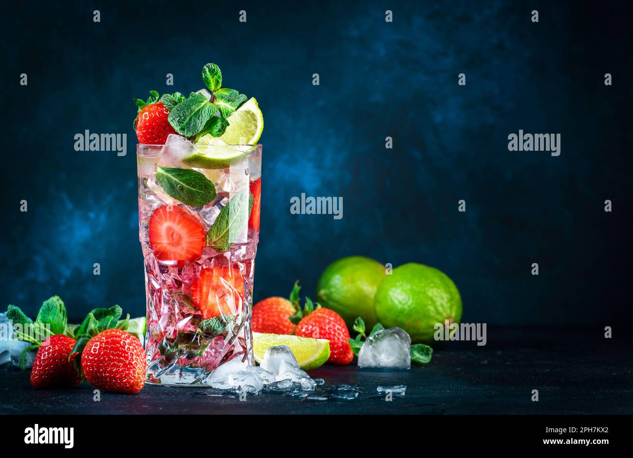 Strawberry Mojito cocktail drink with lime, white rum, soda, cane sugar ...