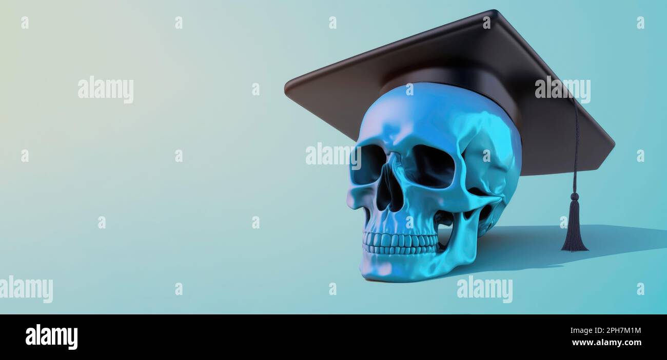 The skull of a man wearing a traditional Graduate cap. The concept of ...