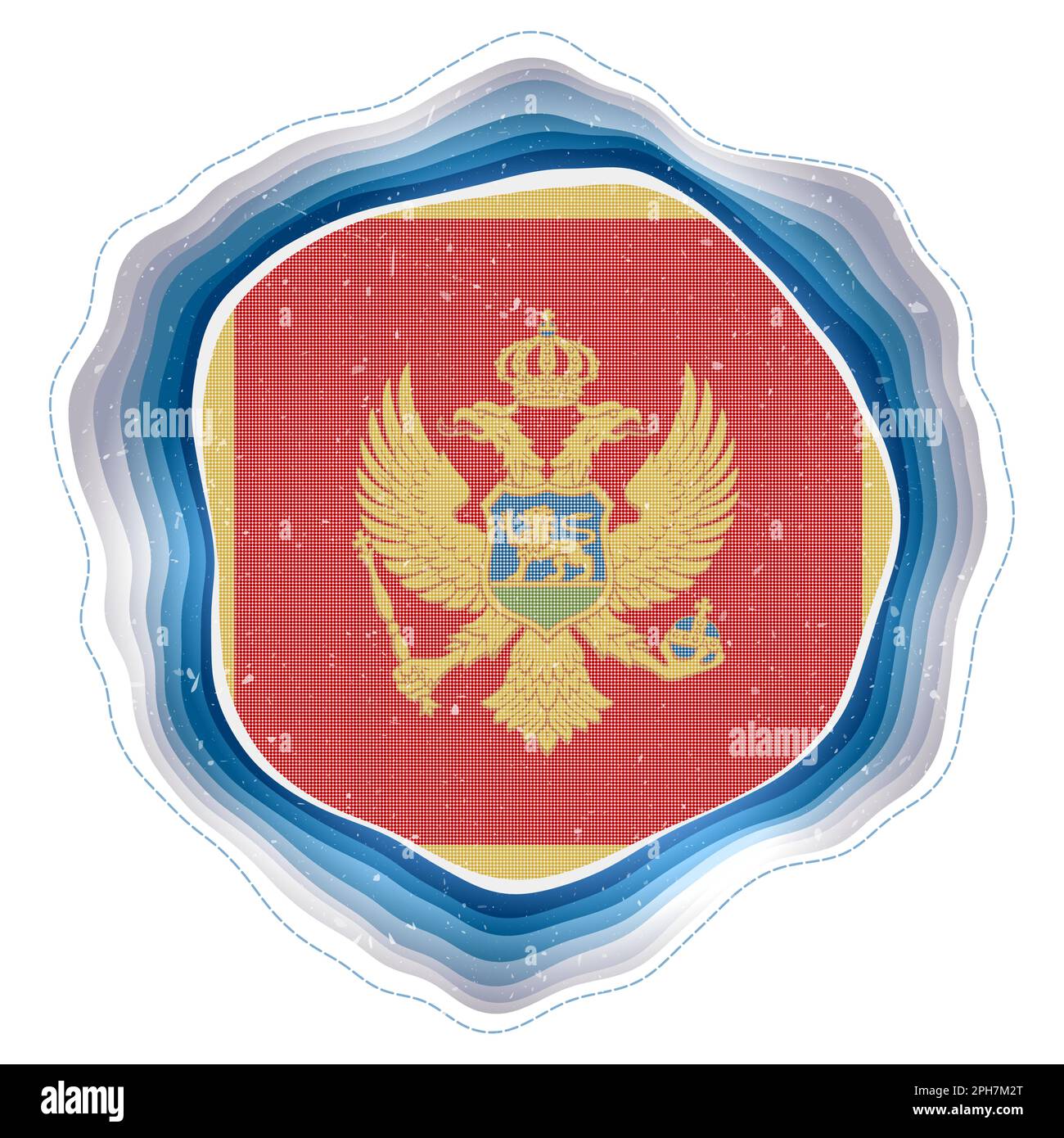 Montenegro flag in frame. Badge of the country. Layered circular sign around Montenegro flag ...