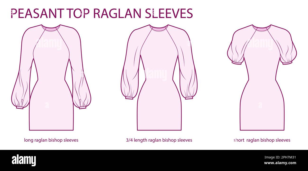 Set of Peasant top raglan sleeves bishop style long, 3-4 and short length clothes technical ...