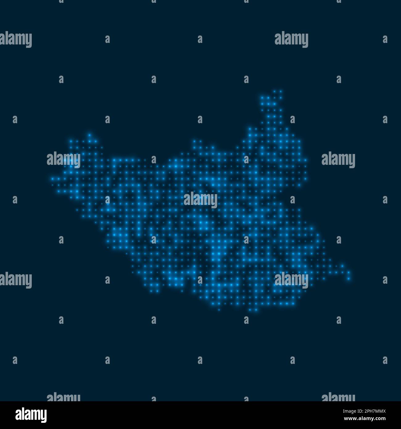South Sudan dotted glowing map. Shape of the country with blue bright ...