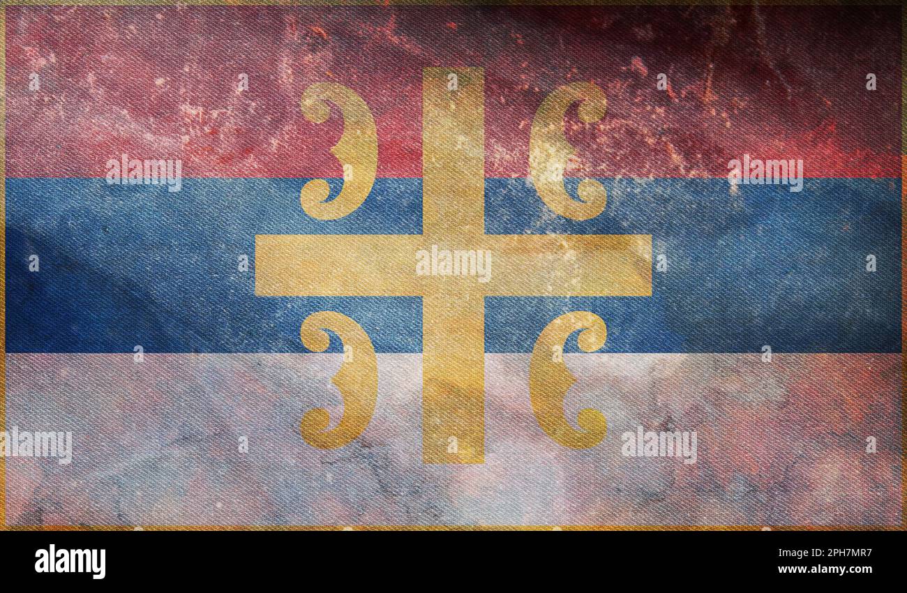 Top view of flag of the Serbian Orthodox Church with grunge texture. no ...