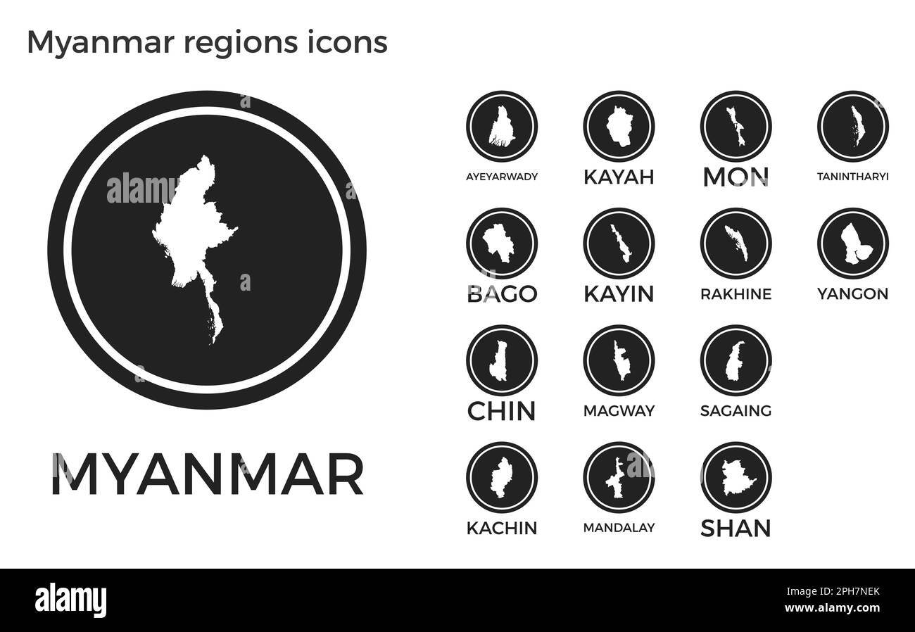 Myanmar regions icons. Black round logos with country regions maps and ...
