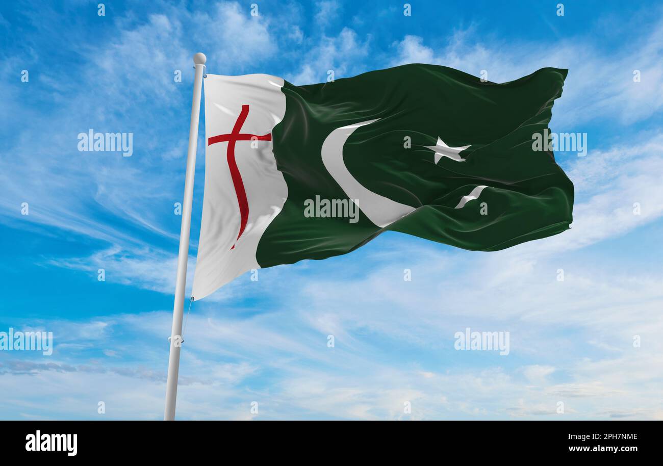 flag of Pakistan with cross waving in wind at cloudy sky. love holy ...