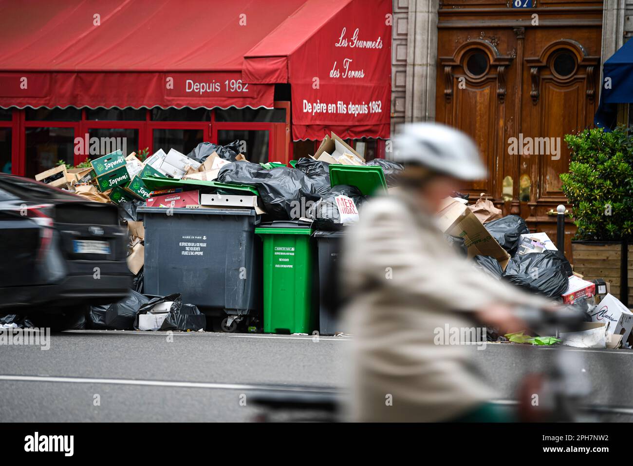 Paris, France. 26th Mar, 2023. Illustration picture shows full bins on March 26, 2023 in Paris ...