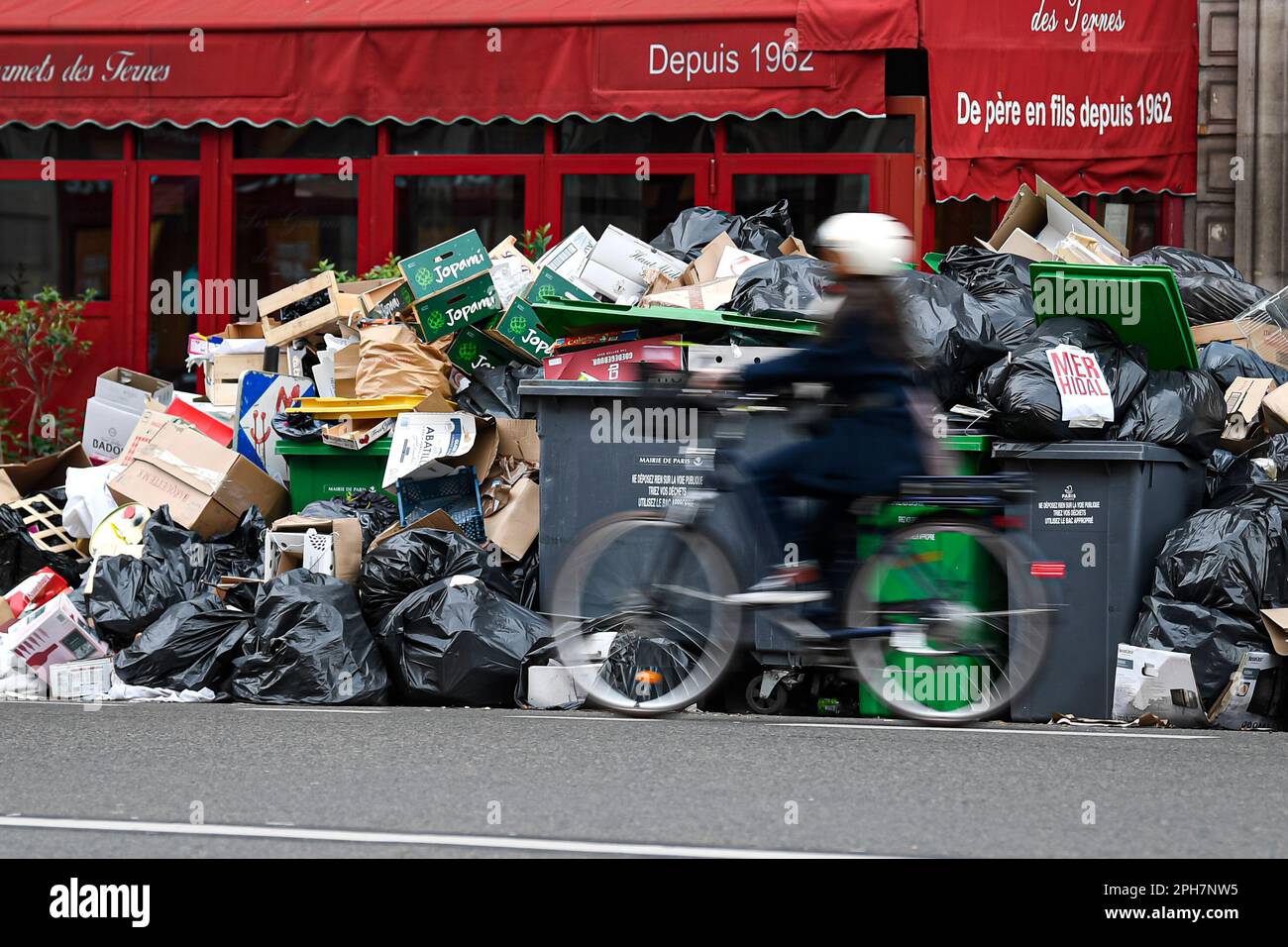 Paris, France. 26th Mar, 2023. Illustration picture shows full bins on March 26, 2023 in Paris ...