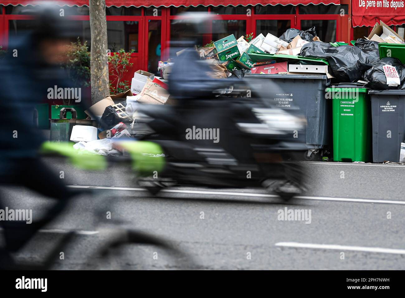 Paris, France. 26th Mar, 2023. Illustration picture shows full bins on March 26, 2023 in Paris ...