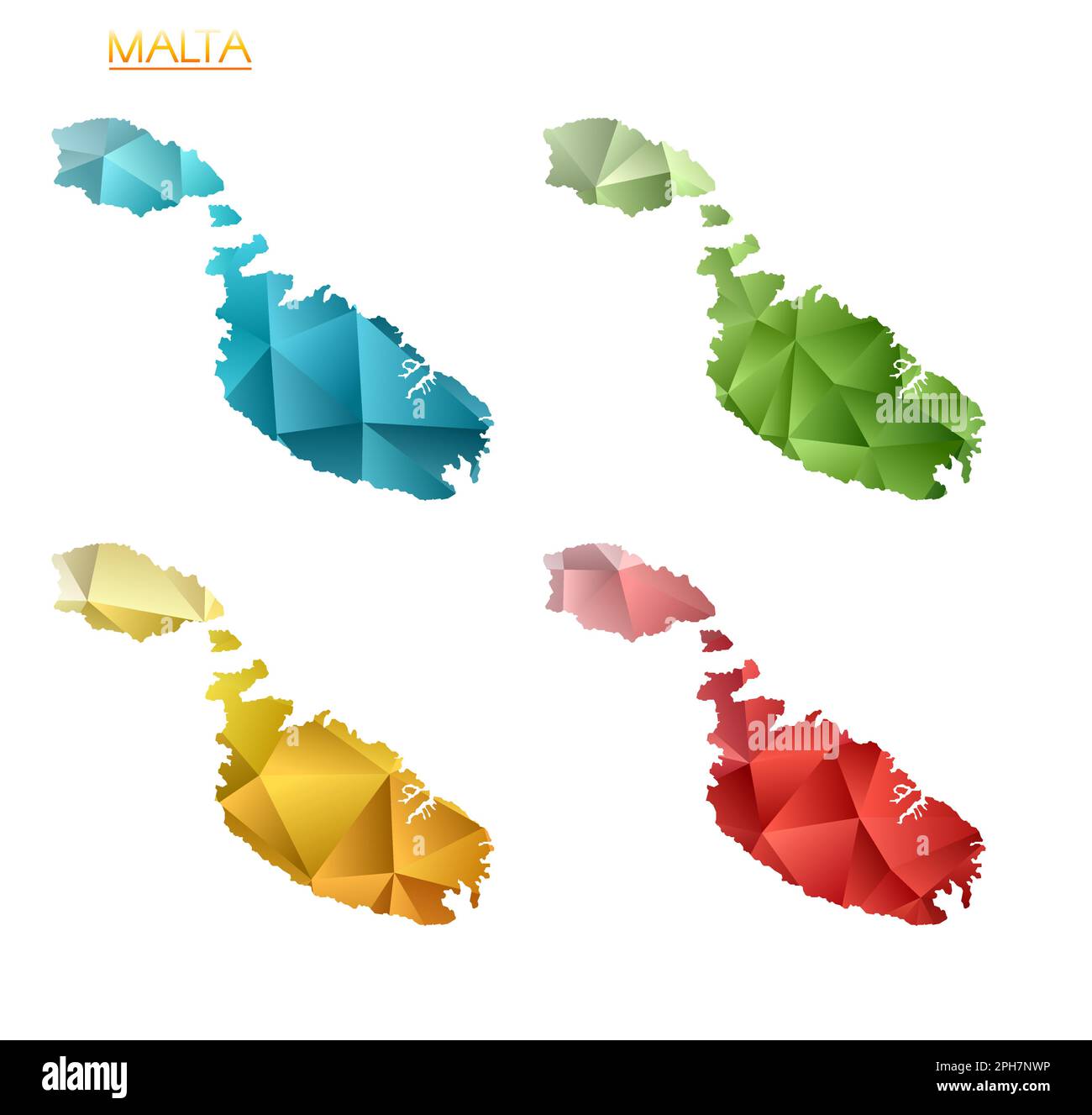 Set of vector polygonal maps of Malta. Bright gradient map of island in ...