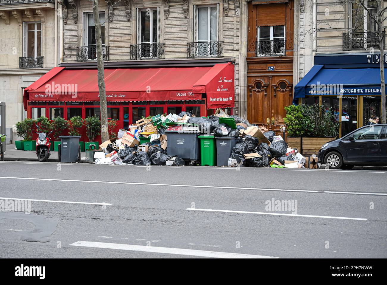 Paris, France. 26th Mar, 2023. Illustration picture shows full bins on March 26, 2023 in Paris ...