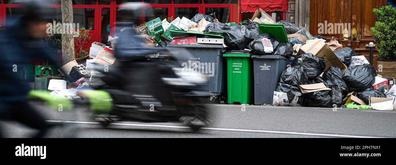 Paris, France. 26th Mar, 2023. Illustration picture shows full bins on March 26, 2023 in Paris ...
