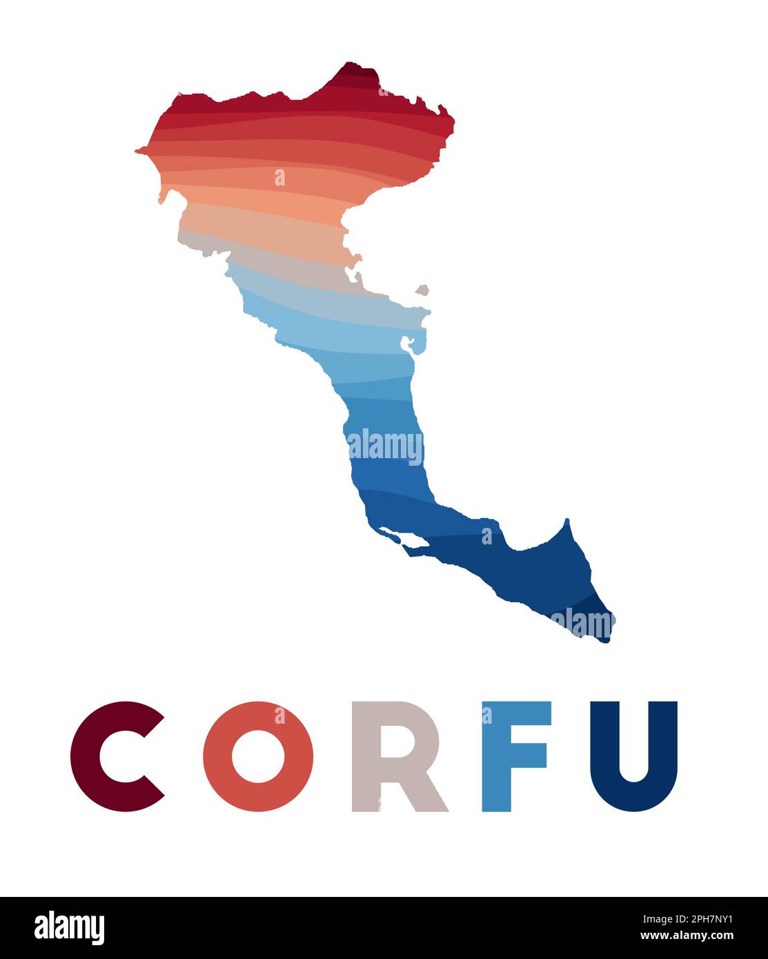 Corfu map. Map of the island with beautiful geometric waves in red and ...