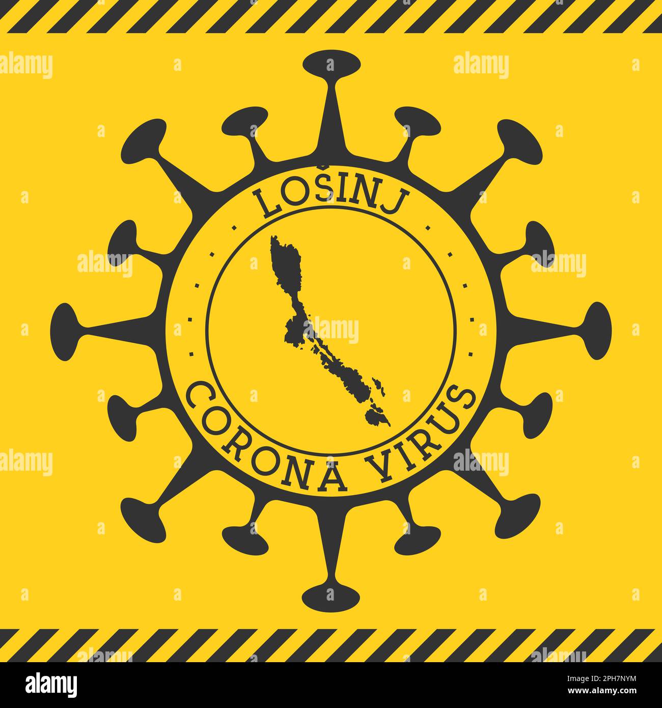 Corona virus in Losinj sign. Round badge with shape of virus and Losinj ...