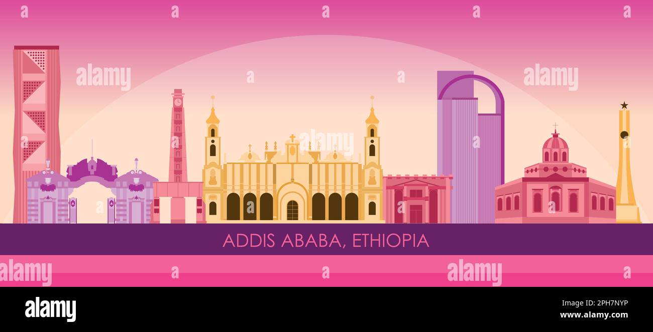Sunset Skyline panorama of city of Addis Ababa, Ethiopia - vector ...