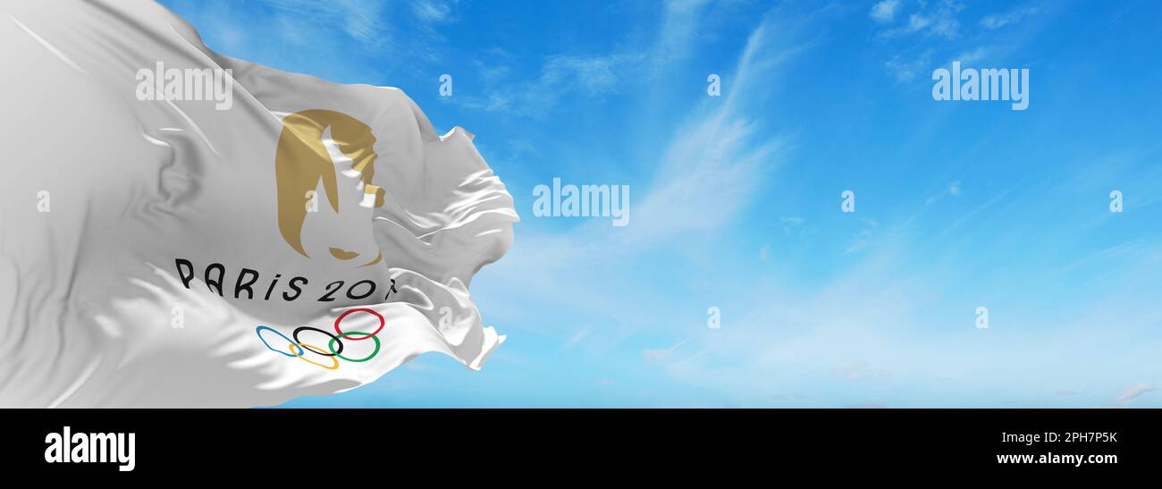 PARIS, FRANCE, March 2023: flag of french olympics games 2024 waving in ...